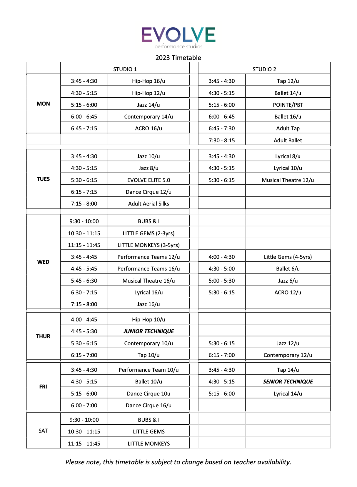 2023 TIMETABLE – EVOLVE PERFORMANCE STUDIOS